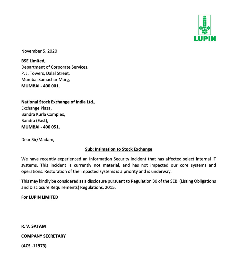 Letter To The Exchange On Intimation On IT Security Lupin